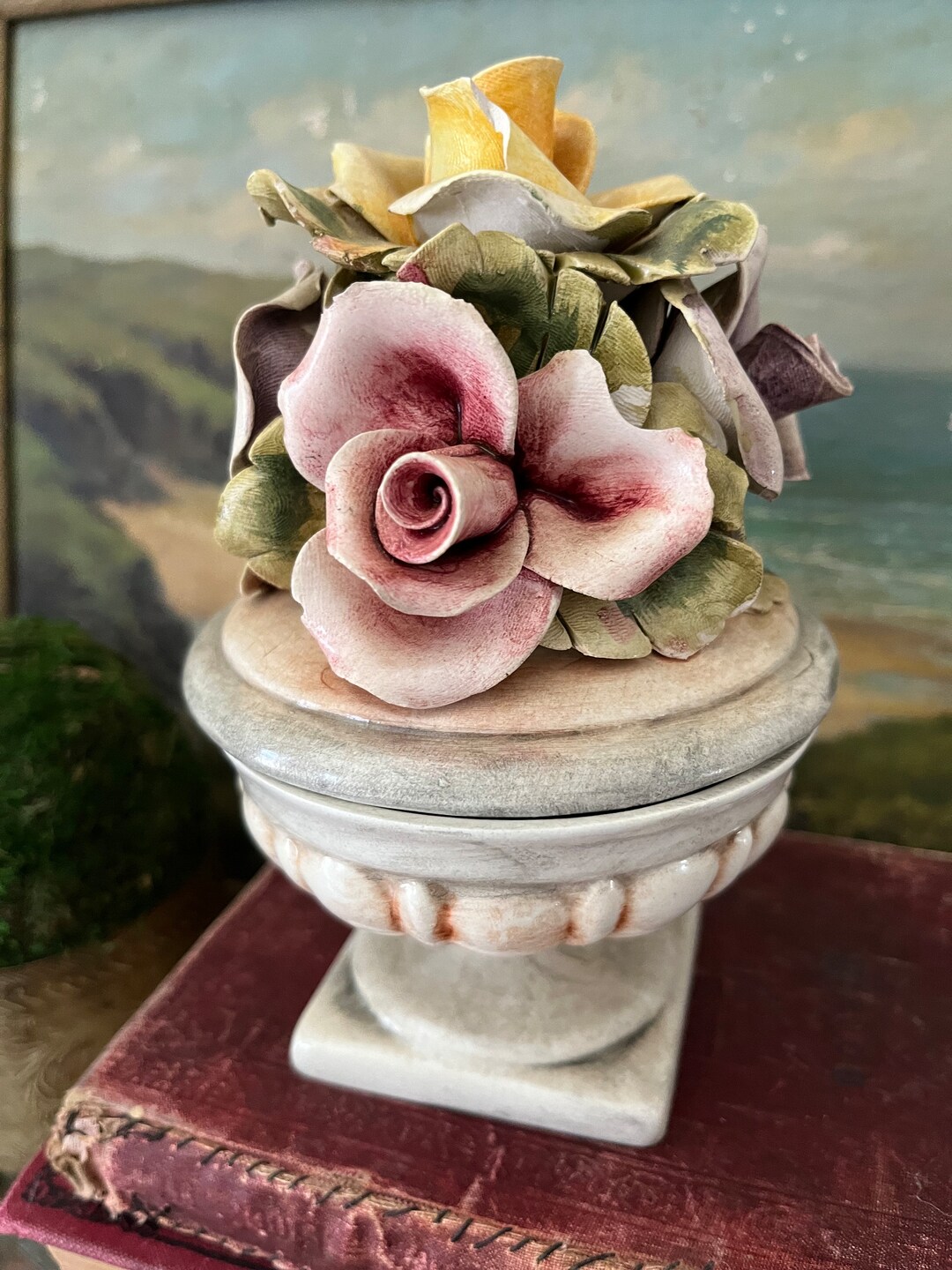 Vintage Capodimonte Roses Porcelain Centerpiece Italy - Lidded Trinket ...