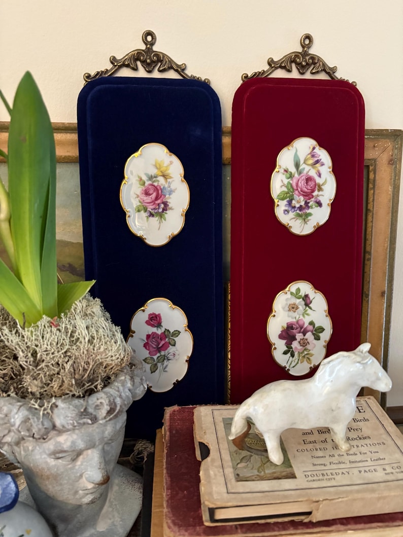 Vintage Italian RED Velvet Wall Plaque: Capodimonte Floral Ceramic ...