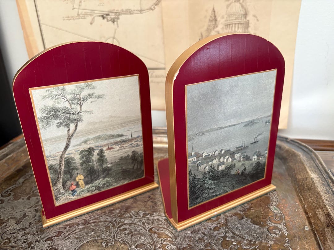 Vintage Lady Clare English Bookends With Landscape Prints – Red & Gold ...