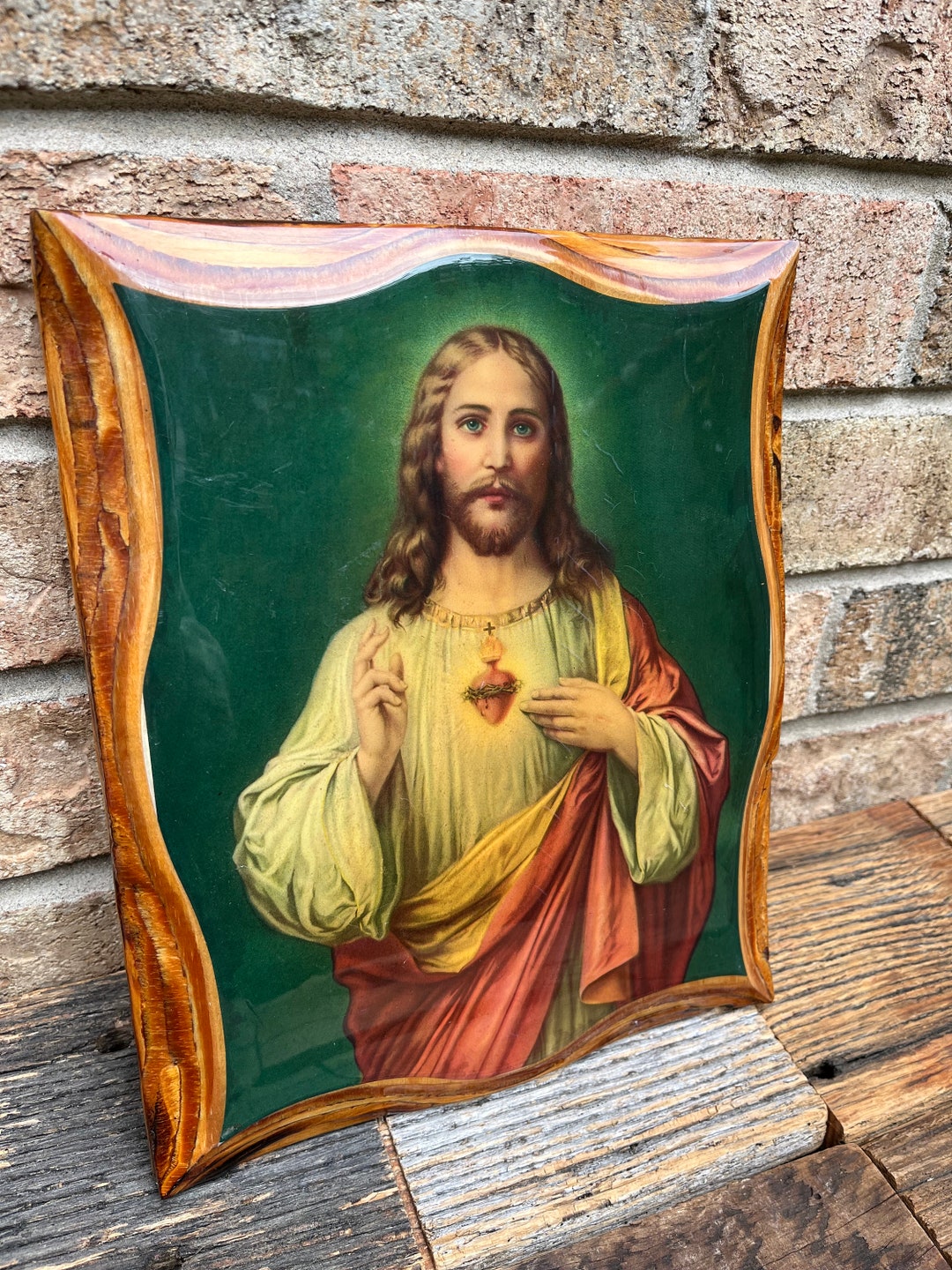 Vintage Sacred Heart of Jesus Portrait on Wood, Religious Prints and ...