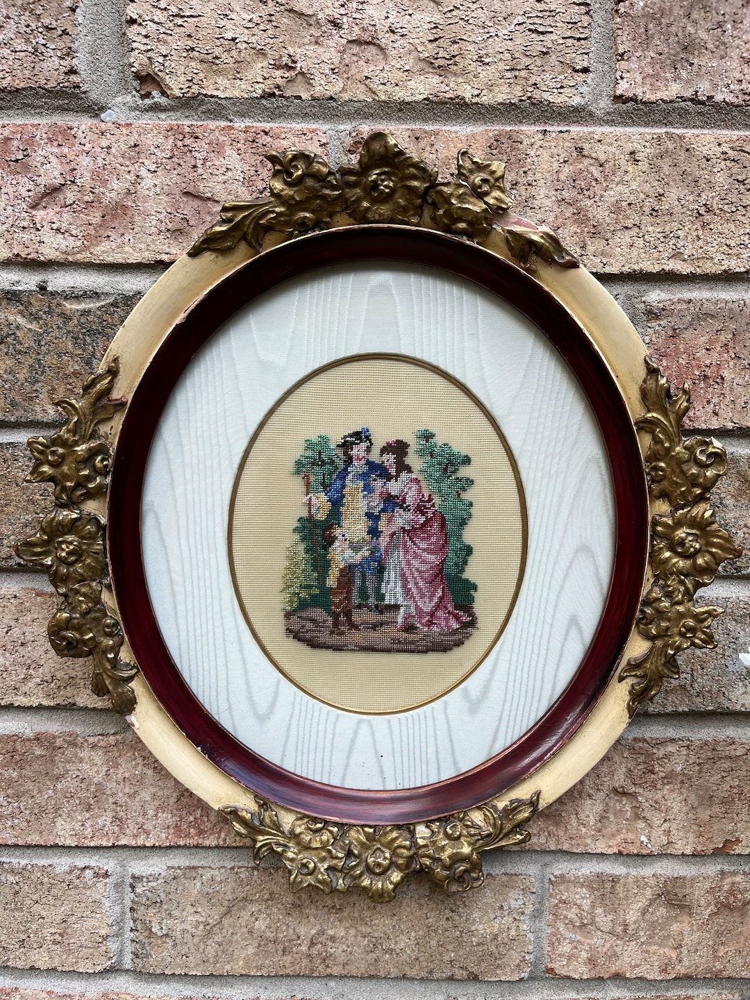 Vintage Petit Point Embroidery: Victorian Family Scene in Ornate Gold ...