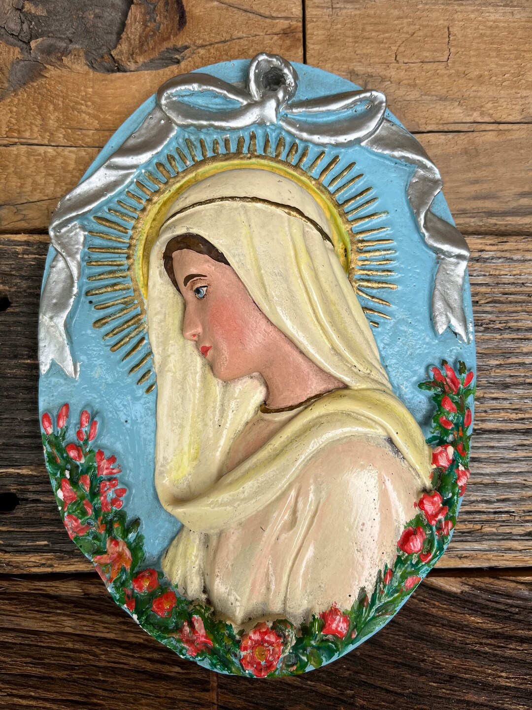 Antique 1907 Plaster Chalkware Virgin Mary in Veil on Blue With Flowers ...