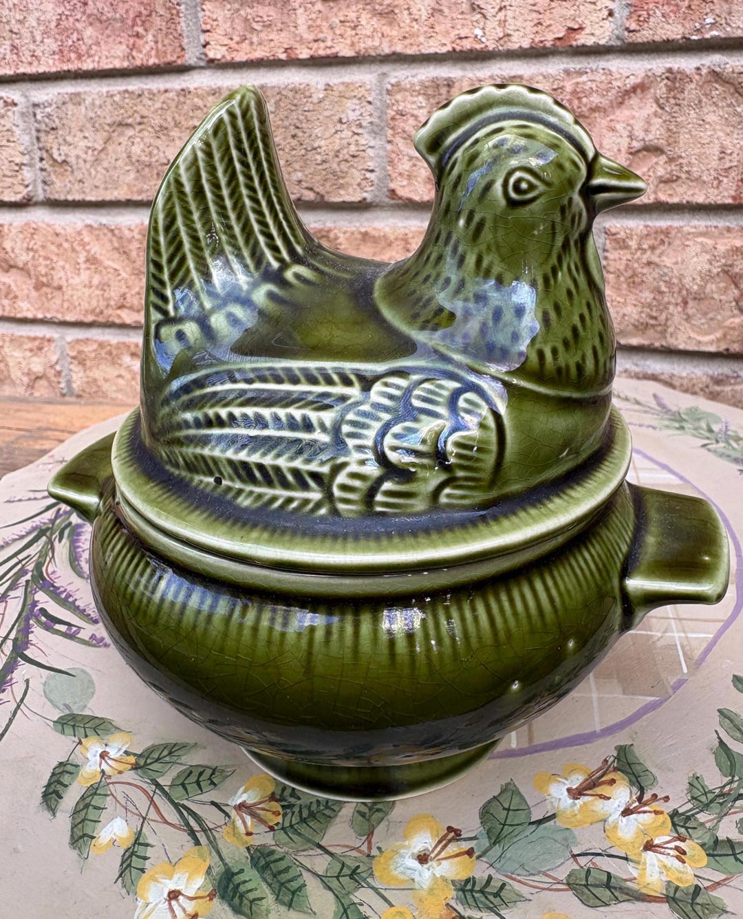Vintage Hen-shaped Ceramic Tureen – Green Glazed Decorative Dish With ...
