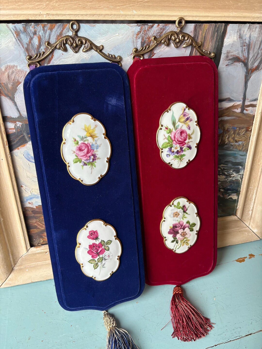 Vintage Italian RED Velvet Wall Plaque: Capodimonte Floral Ceramic ...