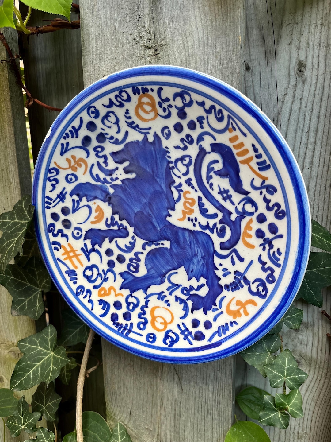 Vintage Hand-painted Gryphon Plate: Cobalt Blue Ceramic Wall Art - Etsy