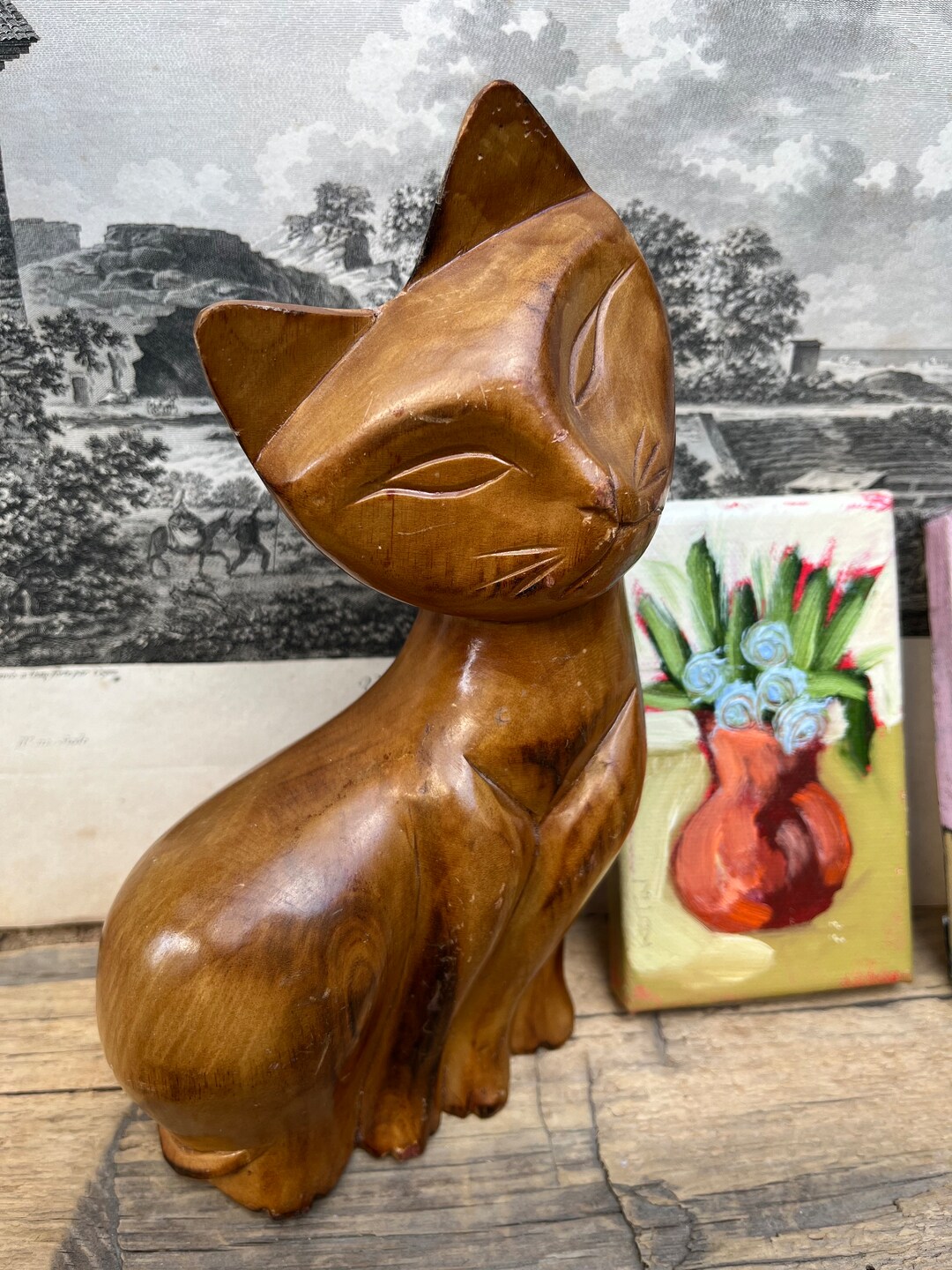 Vintage Mid Century Wooden Cat Figurine- Hand-crafted MCM Cat Sculpture ...