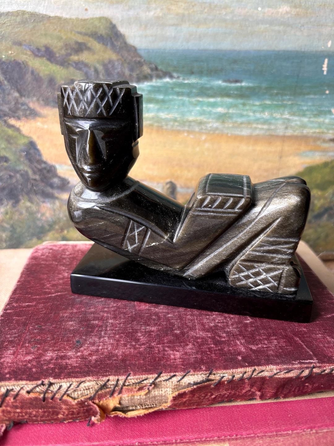 Vintage Polished Obsidian Sculpture – Reclining Figure – Hand Carved ...