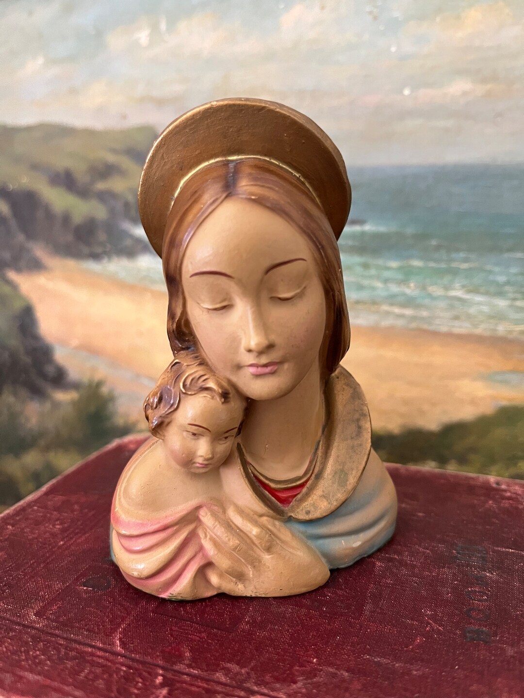 Vintage Italian Virgin Mary With Jesus Child Bust Statue Religious ...
