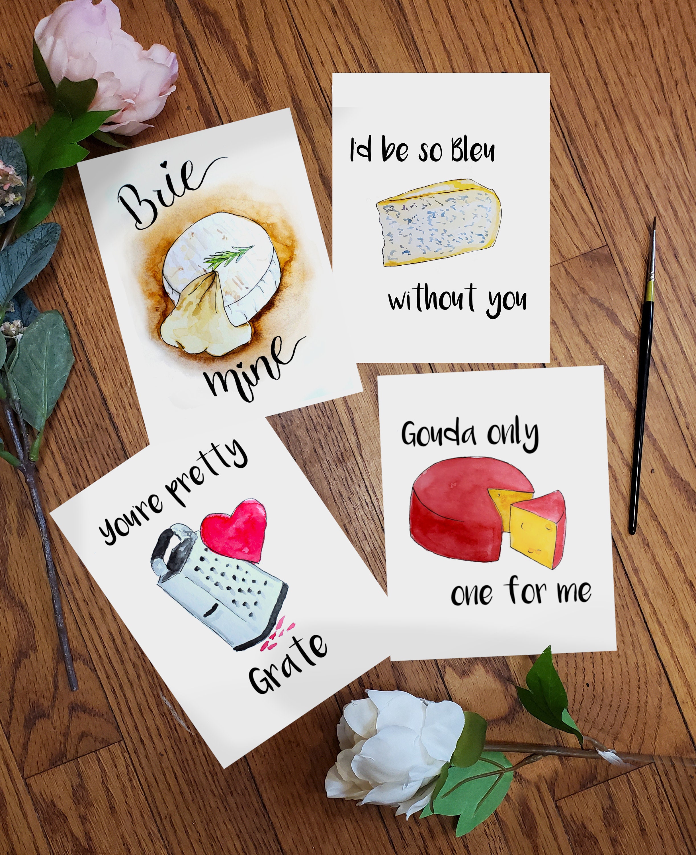 Set of 4 Cheesy Valentine Cards Printable | Watercolor Valentine Cards ...