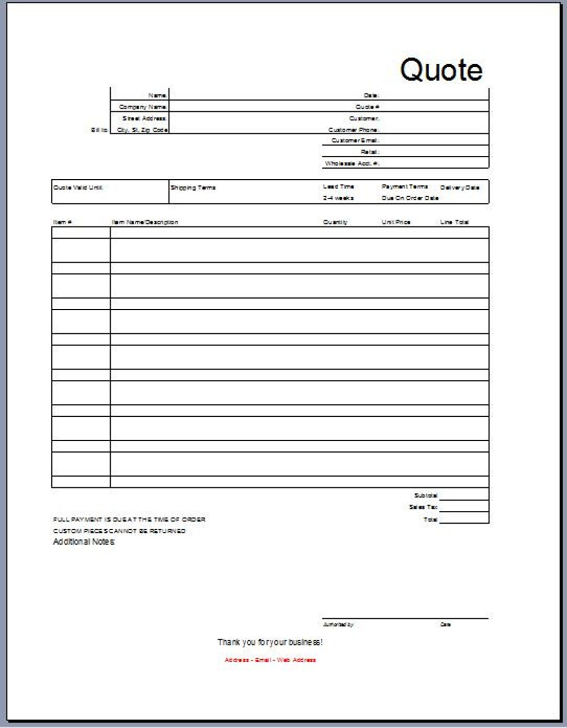 Quote Form Template - Instant Download Editable Business Tool - Etsy