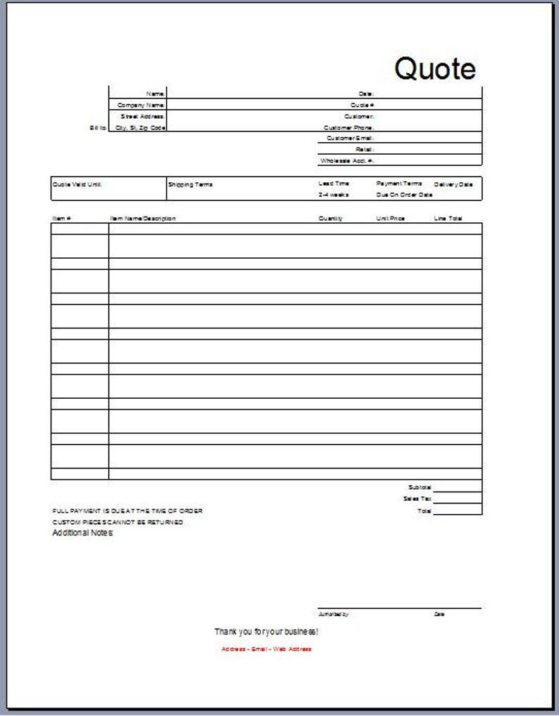 Quote Form Template - Instant Download Editable Business Tool - Etsy