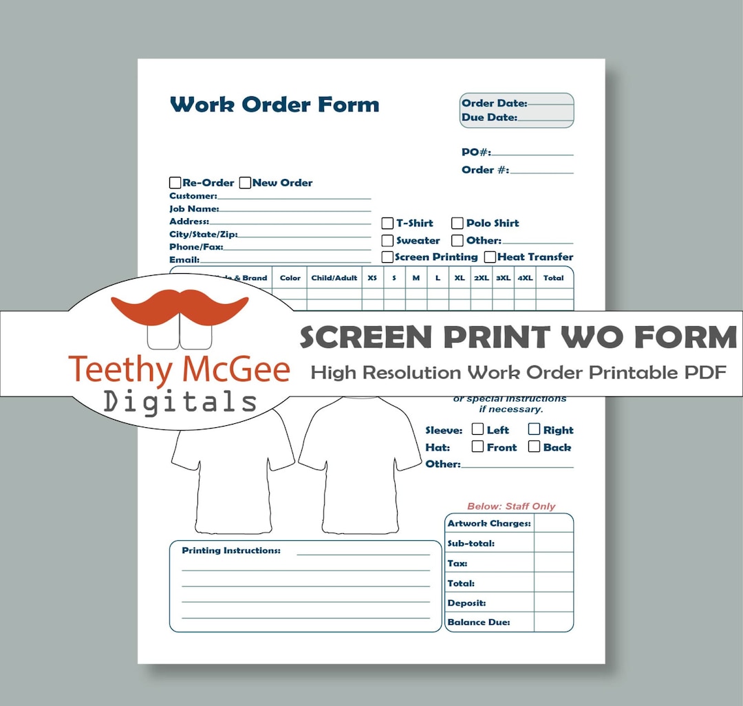 Work Order Form for Screen Printing - Instant Download Printable ...