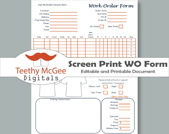 Editable Work Order Form for Screen Printing - Instant Download ...