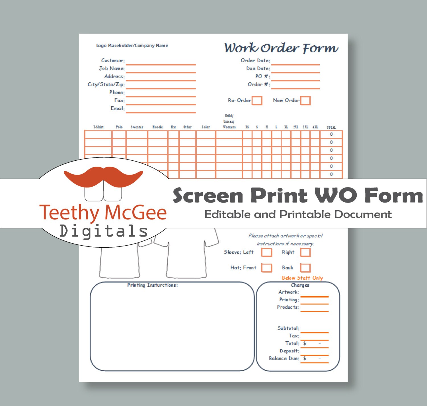 Editable Work Order Form for Screen Printing - Instant Download ...