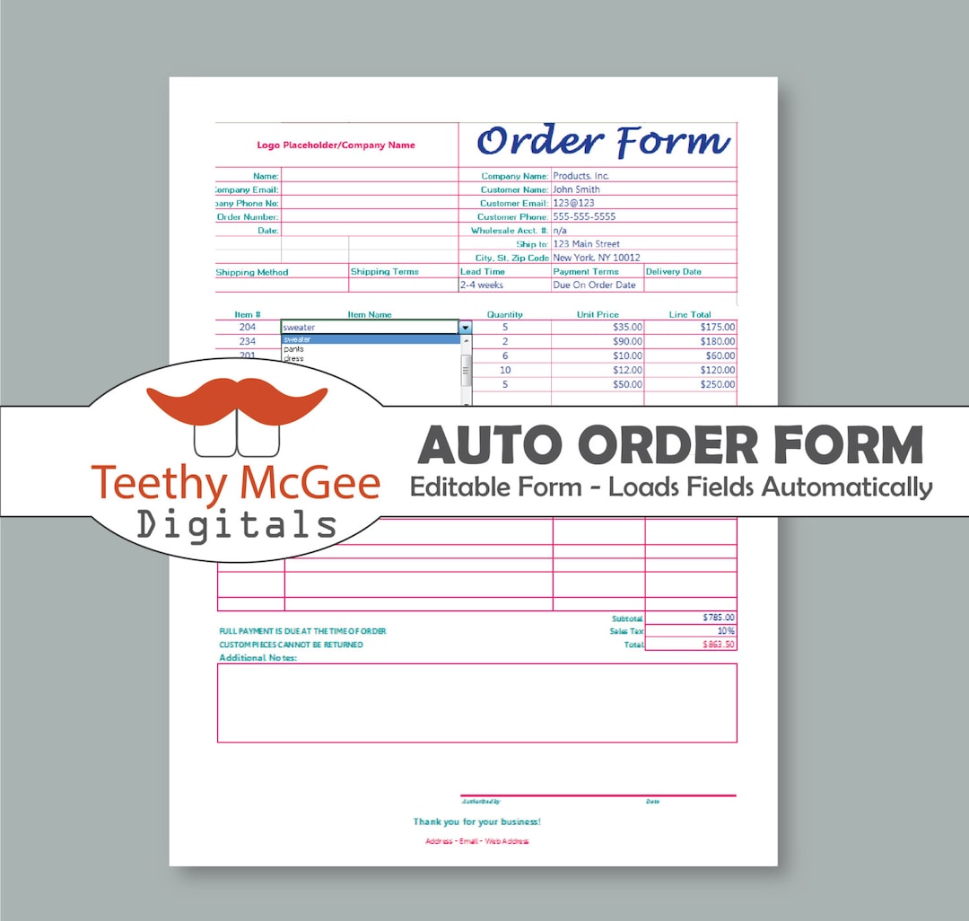 Automatic Order Form Template - Instant Download Editable Business Tool ...