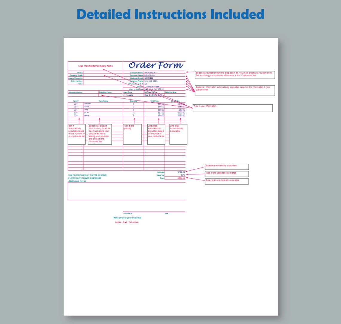 Automatic Order Form Template - Instant Download Editable Business Tool ...