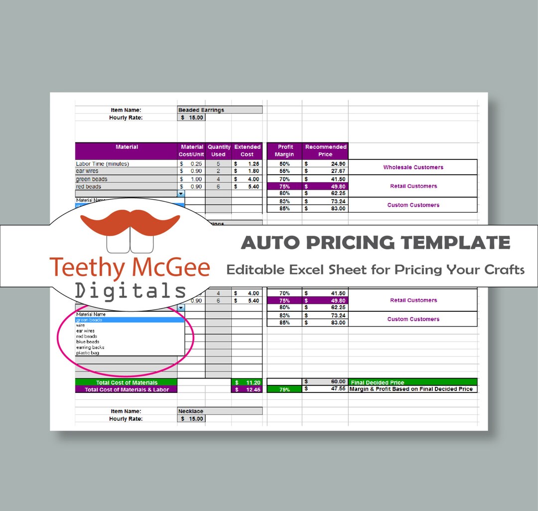Automatic Price Template - Instant Download Editable - Materials List ...