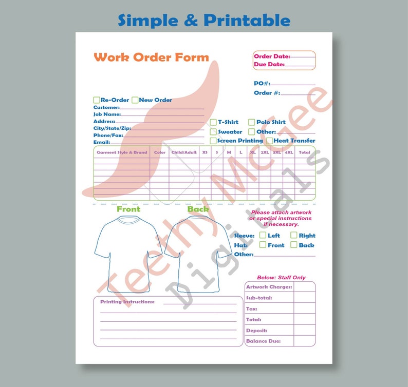 Work Order Form for Screen Printing - Instant Download Colorful ...