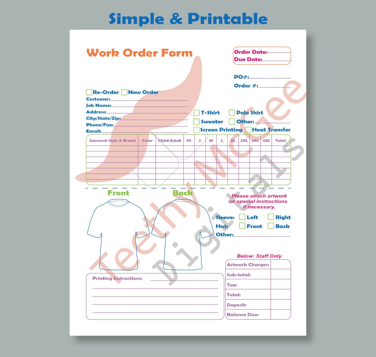 Work Order Form for Screen Printing - Instant Download Colorful ...