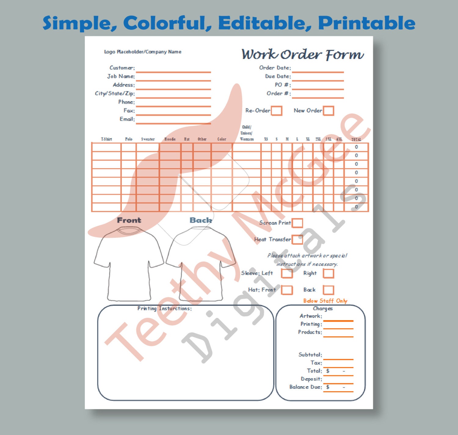 Editable Work Order Form for Screen Printing Instant Download Colorful ...