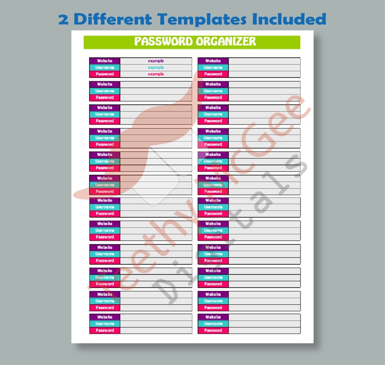 Digital Password Organizer - Editable, Digital, and Printable Website ...