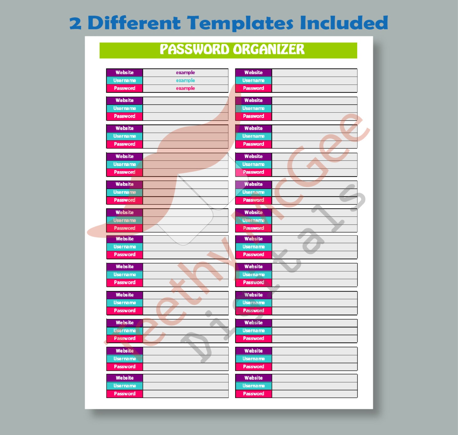 Digital Password Organizer - Editable, Digital, and Printable Website ...
