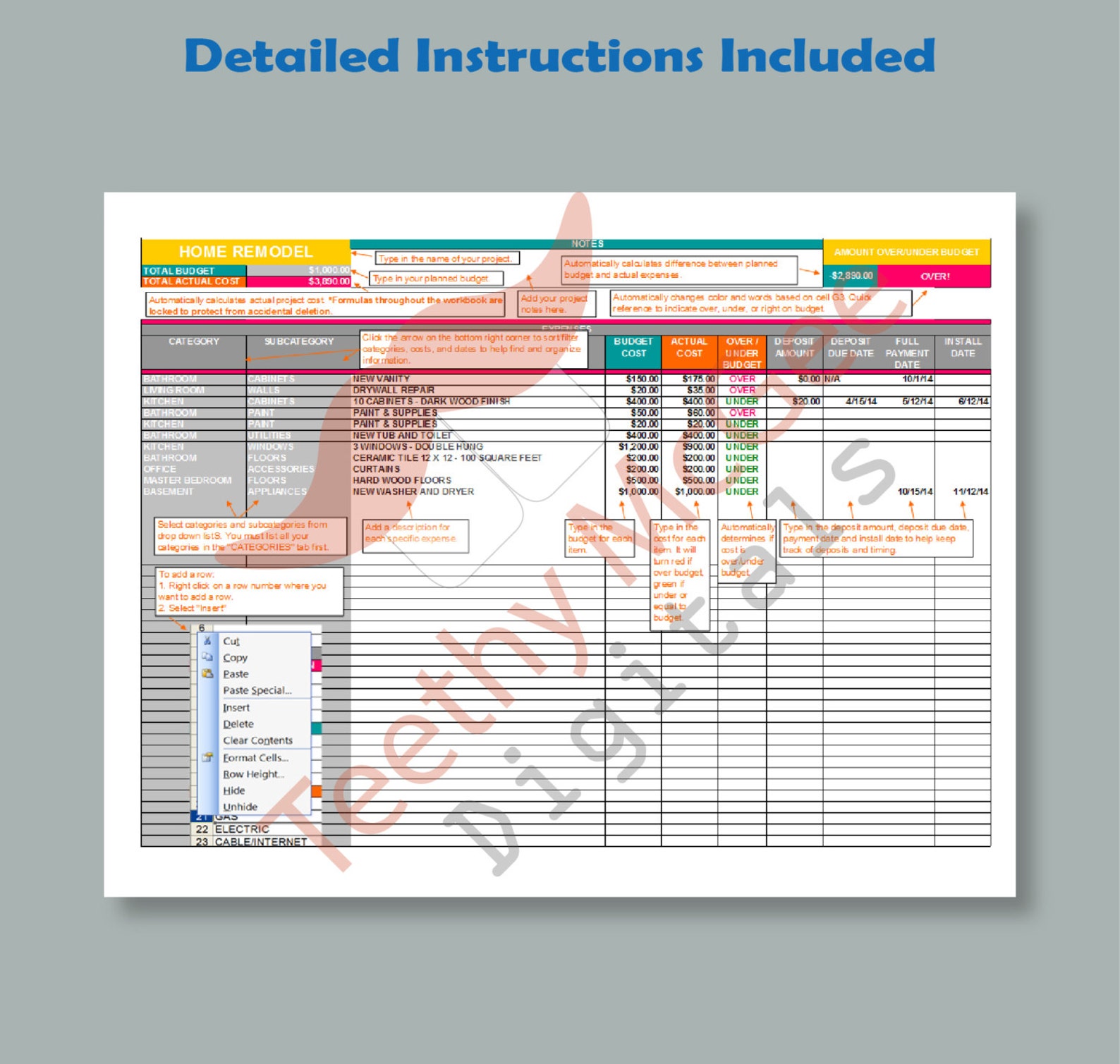Home Improvement Remodel Budget Template - Instant Download Editable ...