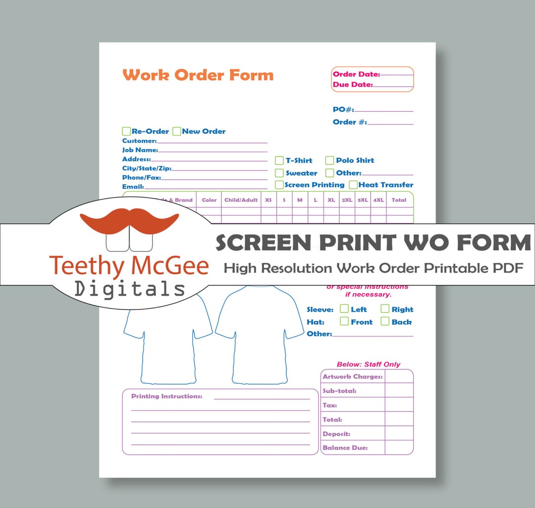 Work Order Form for Screen Printing - Instant Download Colorful ...