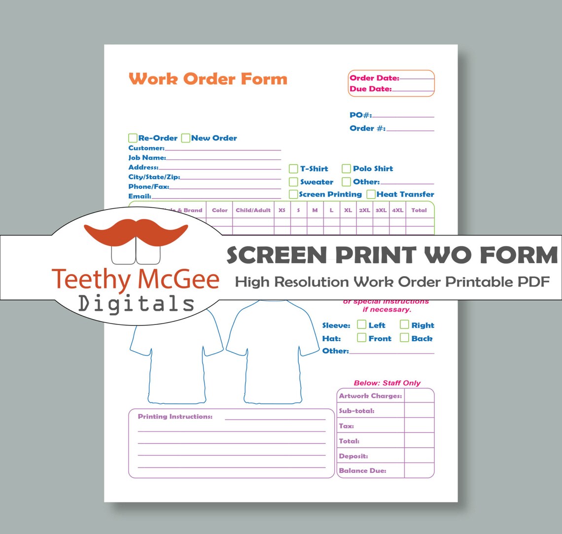 Work Order Form for Screen Printing - Instant Download Colorful ...
