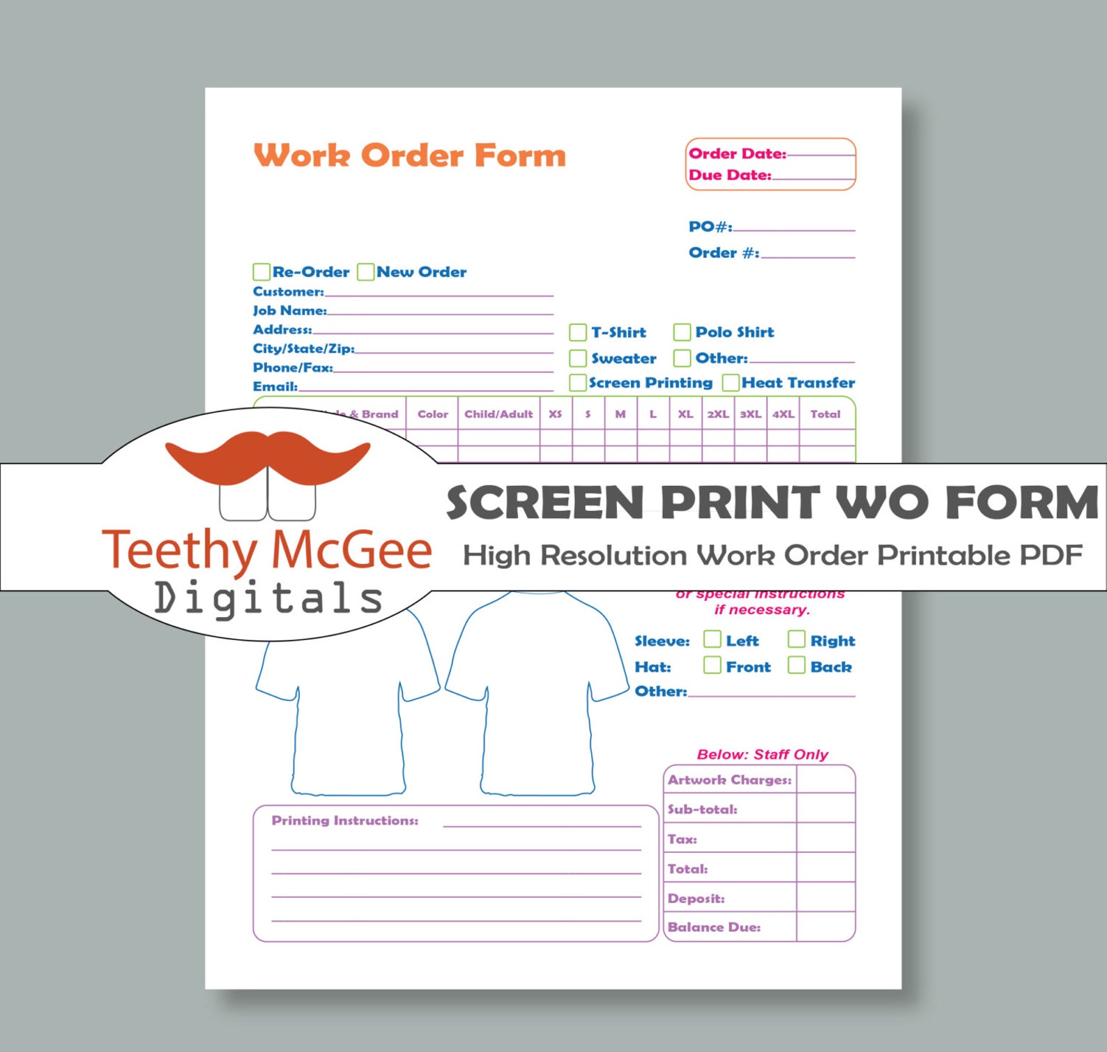 Work Order Form for Screen Printing - Instant Download Colorful ...