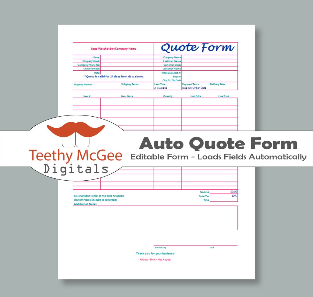 Automatic Quote Form Template - Instant Download Editable Business Tool ...