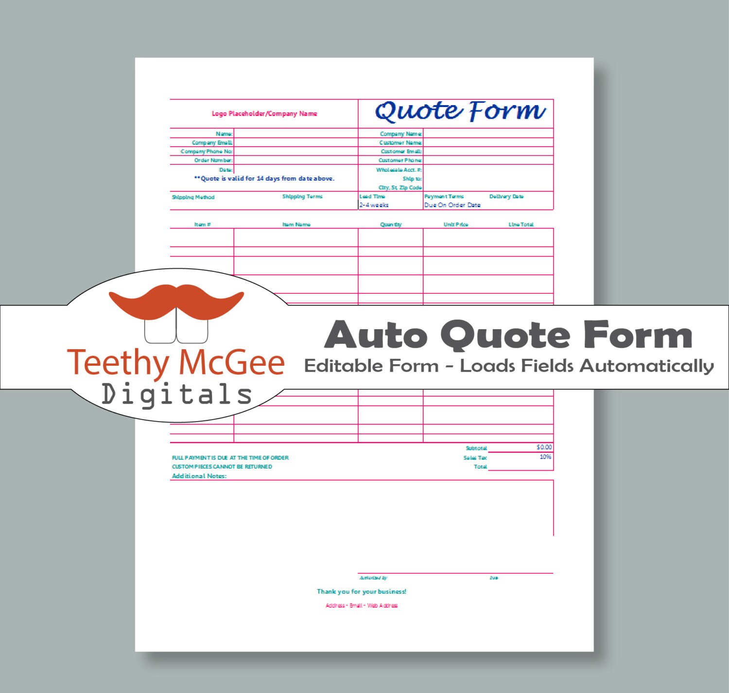Automatic Quote Form Template Instant Download Editable Business Tool ...