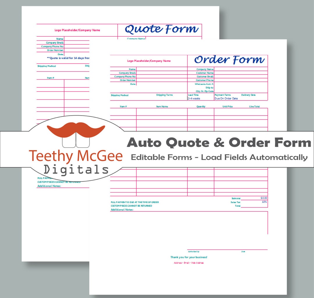 Automatic Quote and Order Form Kit - Instant Download Editable Business ...
