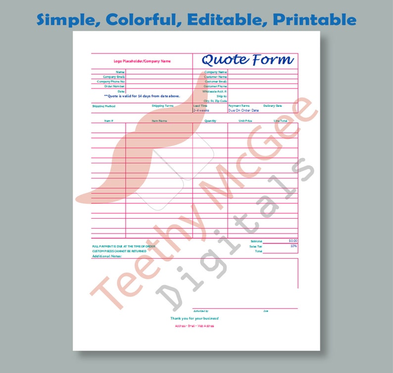 Automatic Quote and Order Form Kit - Instant Download Editable Business ...