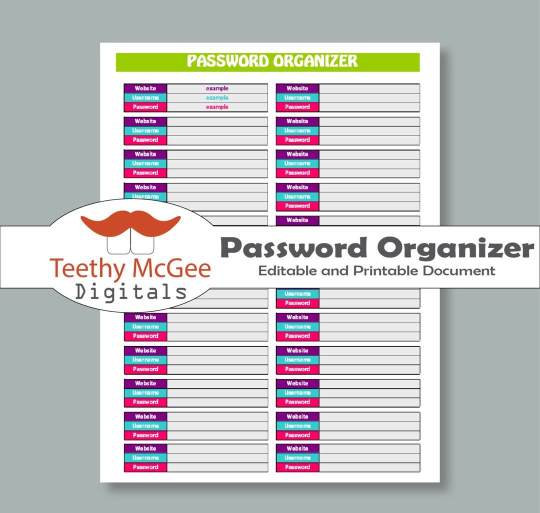 Digital Password Organizer - Editable, Digital, and Printable Website ...