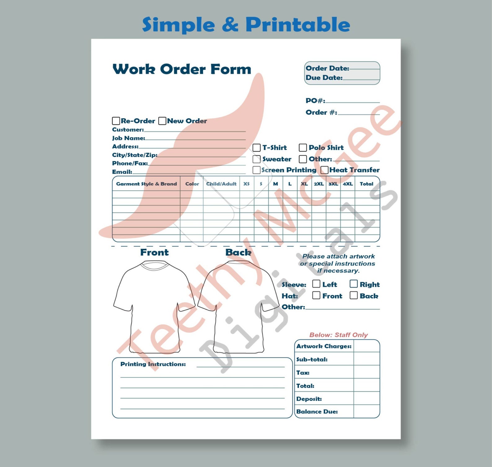 Work Order Form for Screen Printing - Instant Download Printable ...