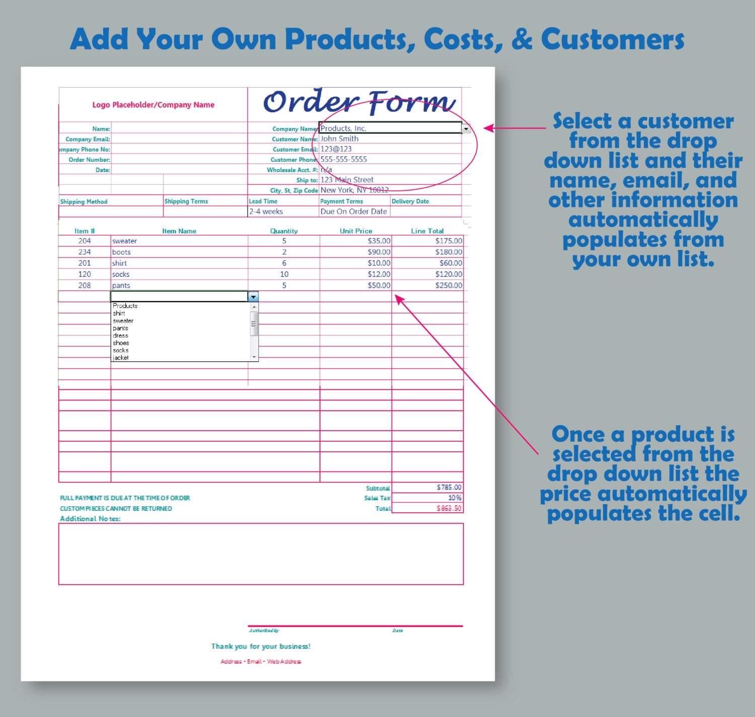 Automatic Order Form Template - Instant Download Editable Business Tool ...