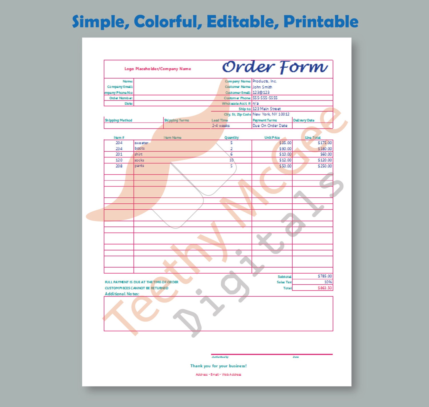 Automatic Order Form Template - Instant Download Editable Business Tool ...