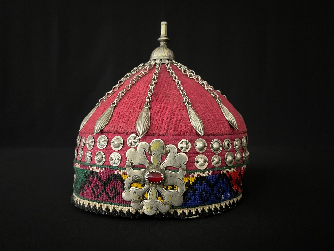 Antique Turkmen Tribal Silver Ceremonial Skullcap & Hat - Free Shipping ...