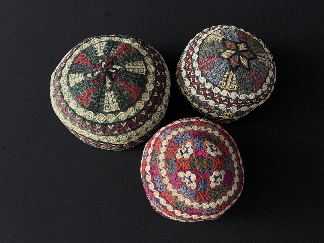 Colorful Antique Turkmen - Yomud Tribal Silk Embroidered Skullcaps ...