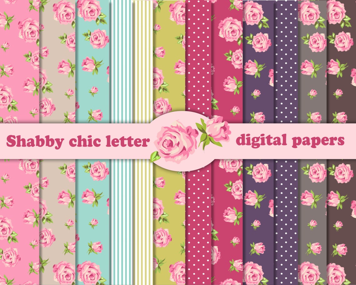 12 Shabby Chic Rose Digital Scrapbook Papers 85x11 inch for | Etsy