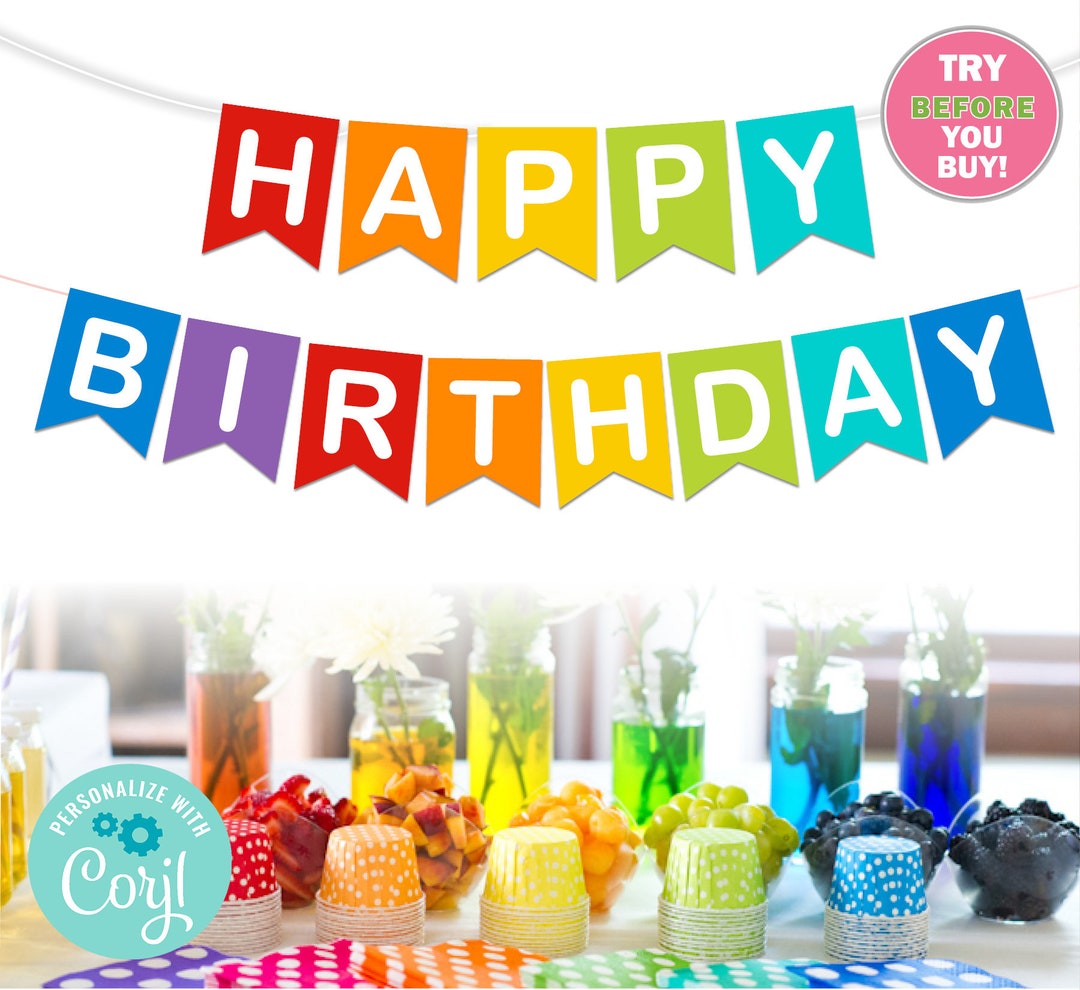 Editable Birthday Banner / Rainbow Banner / Instant Download / Digital ...
