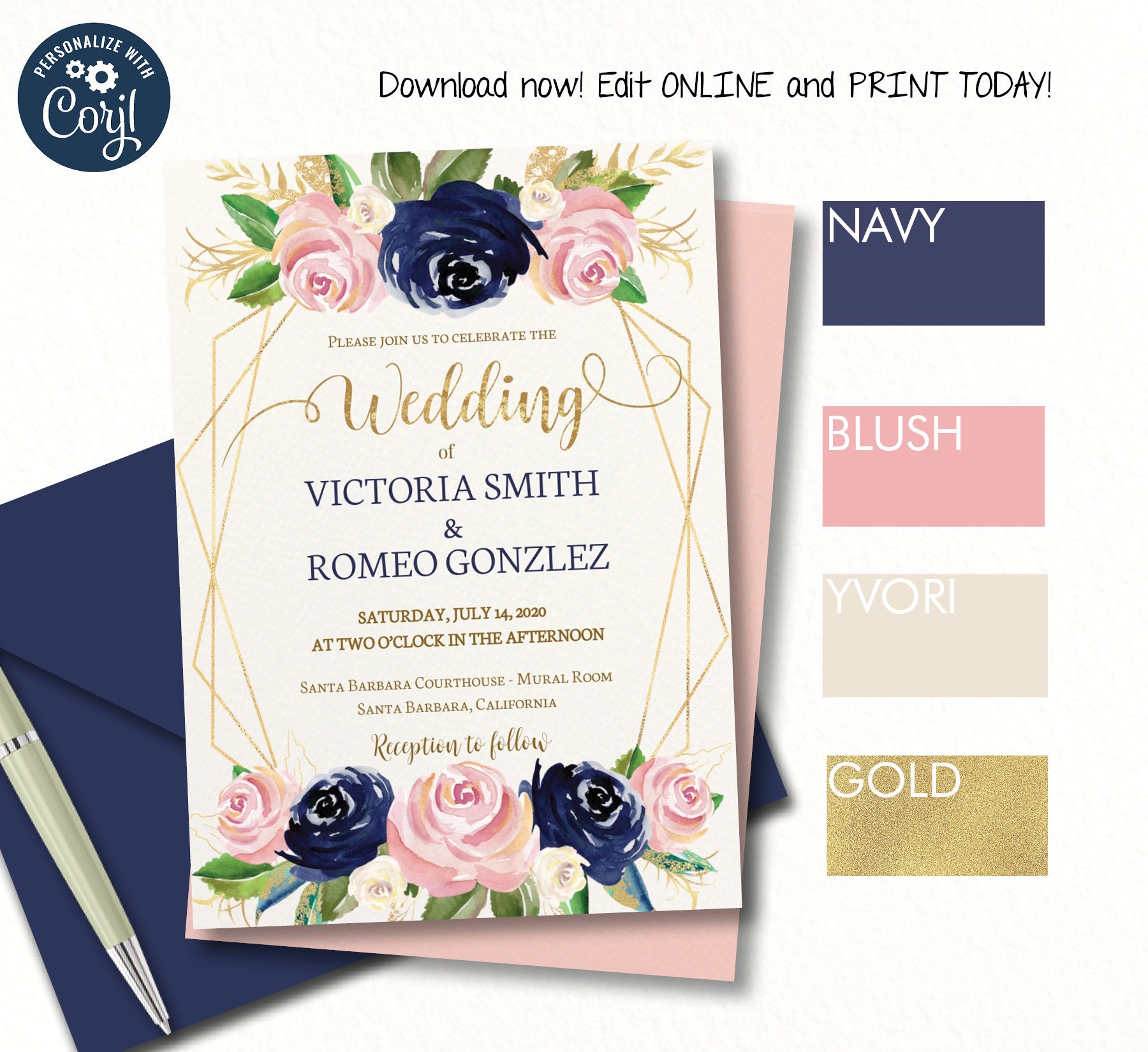 Blush Navy Yvori and Gold Editable Digital Wedding set / | Etsy