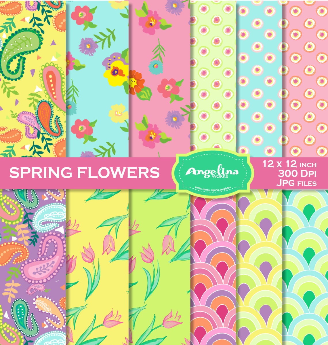 12 Hand Drawn Spring Flowers Digital Scrapbook Papers. Tulips - Etsy