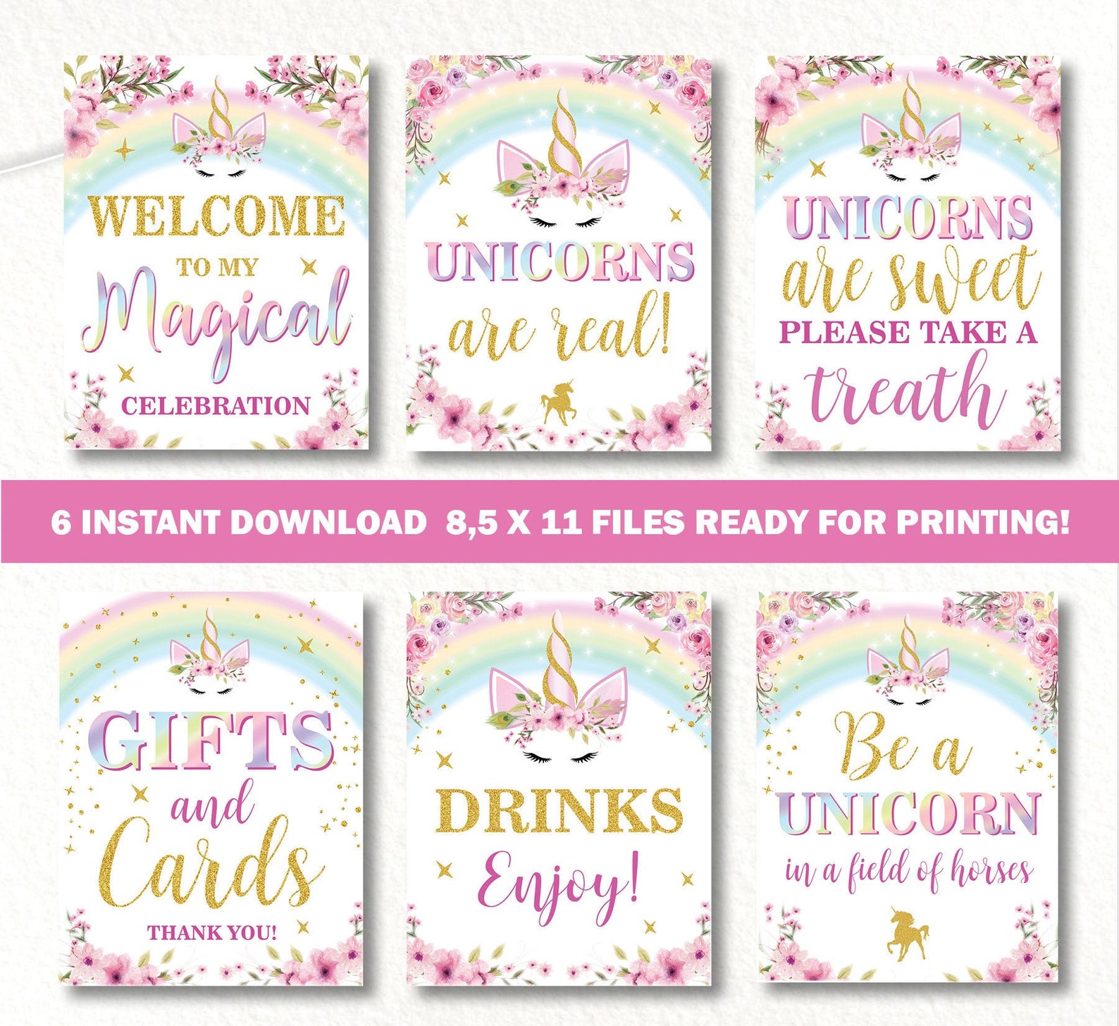 Unicorn Party Signs. 5x7 and 85 X 11. Digital Bundle. | Etsy