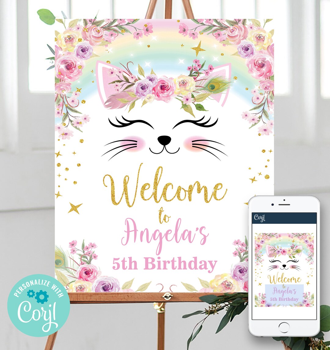 Cat, Cat Rainbow Birthday Party Sign / Kitten, Kitty Party / Pink and ...