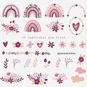 34 Boho Rainbow Floral Clip Art. Pastel Dusty Pink and - Etsy