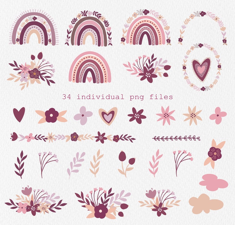 34 Boho Rainbow Floral Clip Art. Pastel Dusty Pink and - Etsy