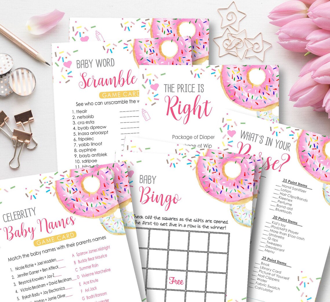 Pink Donut Baby Shower Games Pink Donut Party. 7 Digital - Etsy