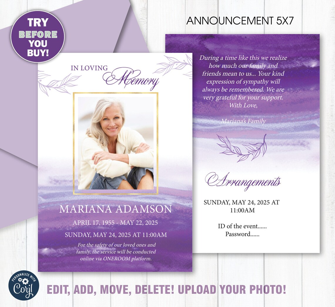 Purple Funeral Program and Announcement Templates. Editable. - Etsy Canada